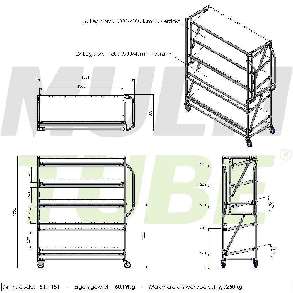 Picking trolley, 1300x500mm, angled shelves | Multitube